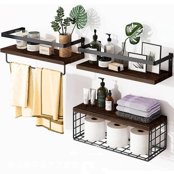 壁掛け棚、ウォールシェルフ、収納バスケット付き 壁 棚 ラック 3個セット 天然木製 おしゃれ 多機能 キッチン/洗面所/トイレ/寝室 取り付け簡単 タオルバー付き（ダークブラウン）商品コード：55080875578型番：ZWJ102202...
