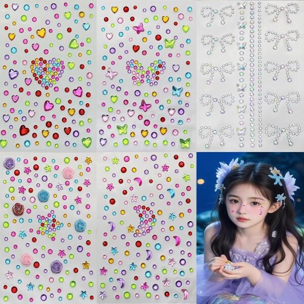 WFGKPXC ラインストーン シール 5枚セット 顔 カラフルなフェイスステッカー 3Dキラキラ 舞台化粧フラッシュドリルアクセサリー DIY用品 自己吸着式で接着剤不要 貼り付け可能 キラキラ カラフル 手芸用品 祝日の贈り物（白リボン...