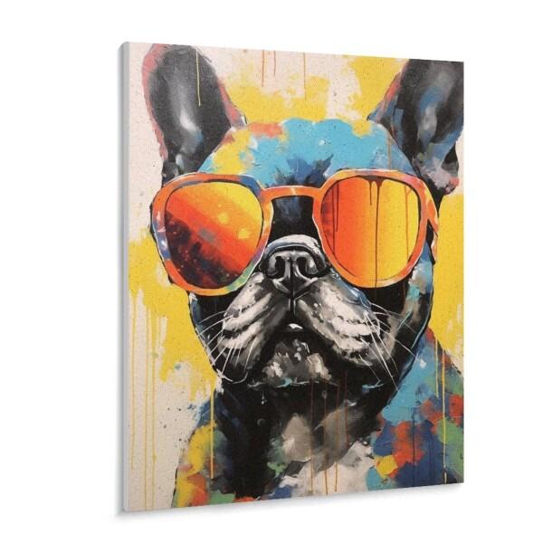 サングラスをかけたフレンチ ブルドッグ 数字油絵 カラーアニメーション油絵 数字キット塗り絵 手塗り DIY絵 デジタル油絵 数字キットによる絵画 数字塗り絵ホーム オフィス装飾 インテリア(40×50cm, フレーム付き)商品コード：55...