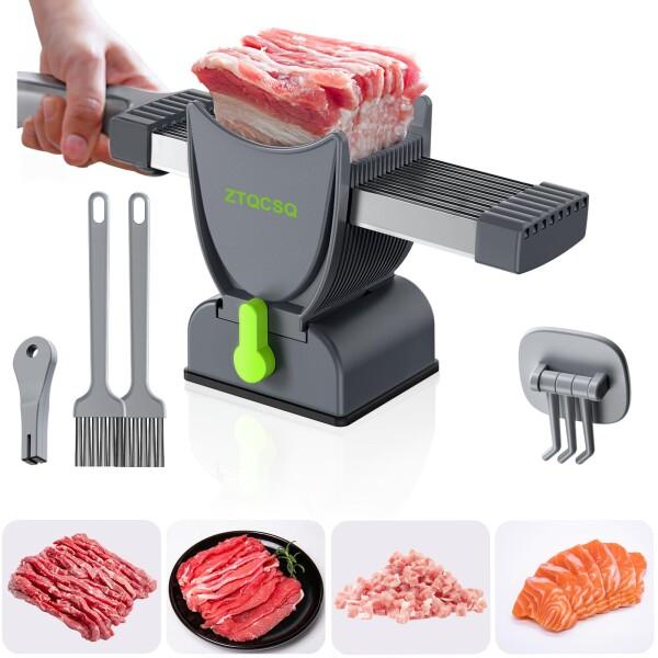 Manual Meat Slicer for Fresh Raw Meat, Meal Prep, Adjustable Thickness 2mm or 4mm, 17 Blades get 18 Meat Slices, Meat Cl...