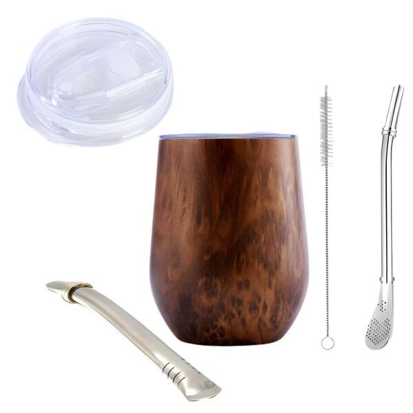 マテ茶カップ マテ茶茶器 ステンレス製 真空断熱タンブラー ブラック ブラウン 360ml 蓋付き 茶こし付きボンビージャ2種&amp;クリーニングブラシセット 保温保冷対応 (ブラウン)商品コード：55080919309型番：Pitapu...