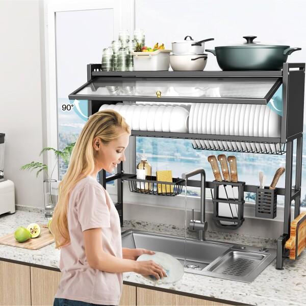 Sythdio Myth 蓋付き水切りラック 食器用 水切りカゴ 3段 シンク上 水切りラック 包丁スタンド &amp;箸立て付き 幅30×奥行65×高さ80cm 多機能台所収納棚 省スペース 大容量 防塵防汚 自動排水 食器乾燥 水が流れ...