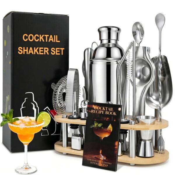 EffiQ-Rate カクテルシェイカー 25点セット プロ仕様 二重真空 304ステンレス製 カクテル セット バーツール 木製スタンド付き 700ml 業務用 自宅用 レシピ付属商品コード：55080923028型番：GSKY-CY00...