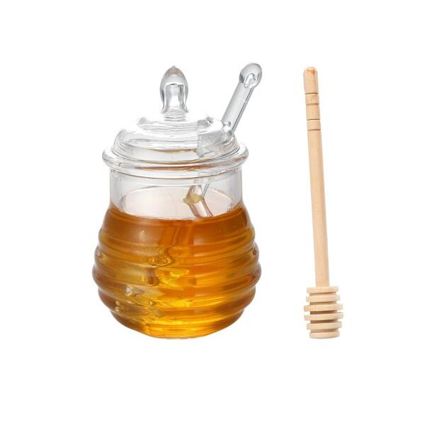 ハニーポット 可愛い 満水容量245ml おしゃれ ガラス製 ハチミツ 蜂蜜 容器 ガラスハチミツスティック付き 木製ハチミツスティック付き 蓋付き キャニスター 透明 朝食タイム お菓子作り ホームパーティー 手作りジャー 調味料入れ 雑...