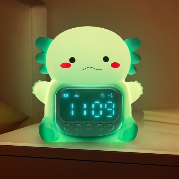 ウーパールーパー目覚まし時計 ナイトライト付き 子供用｜7色RGBライト搭載 かわいいベッドルーム用目覚まし時計｜OK to Wakeクロック｜シリコン製動物型テーブルトップランプ｜ティーン女子・男子向け｜グリーン商品コード：5508093...
