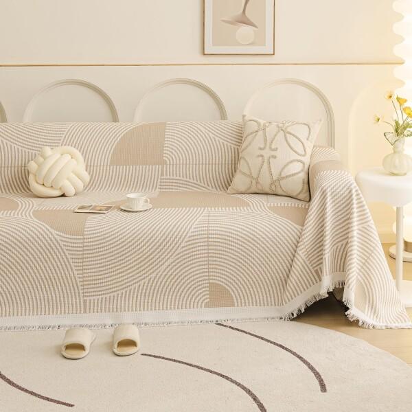 JEMAジェマ ソファーカバー 北欧風 マルチカバー テーブルクロス ソファカバー ベッドカバー 長方形 ブランケット 綿混 リバーシブル 毛布 無地 保護カバー 防塵 キズ防止 汚れ防止 洗える 四季通用 おうぎ形・ワッフル柄 180×3...