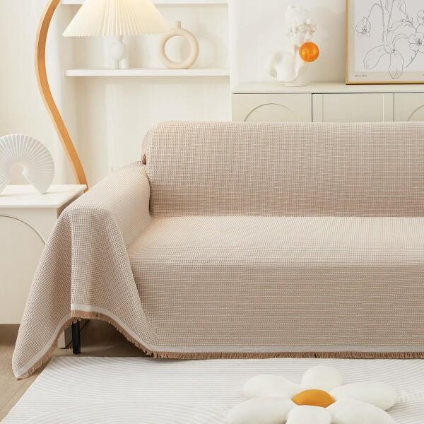 JEMAジェマ ソファーカバー 北欧風 マルチカバー テーブルクロス ソファカバー ベッドカバー 長方形 ブランケット 綿混 リバーシブル 毛布 無地 保護カバー 防塵 キズ防止 汚れ防止 洗える 四季通用 ベージュホワイト・ワッフル柄 9...