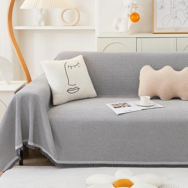 JEMAジェマ ソファーカバー 北欧風 マルチカバー テーブルクロス ソファカバー ベッドカバー 長方形 ブランケット 綿混 リバーシブル 毛布 無地 保護カバー 防塵 キズ防止 汚れ防止 洗える 四季通用 グレーホワイト・ワッフル柄 13...