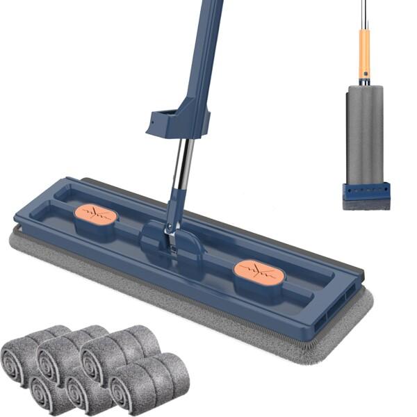 新型手洗い不要モップ、42CM 手洗い不要モップ 吸水モップ フロアモップ 乾湿両用 拭き掃除 絞り器 床掃除 モップ 360度回転 180度自動リバウンド 交換パッド2/4/6枚 掃除用品 掃除道具 フローリング 床掃除 (ブルー,6クロ...