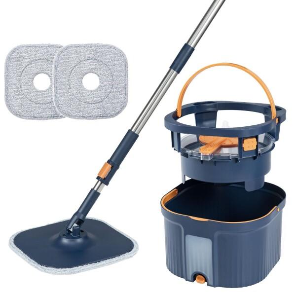 Goplus 回転モップ フロアモップ 水拭き 床拭き モップ 取り外し可能なバケツ付き ハンドル高さ調節可能 床掃除 モップクリーナー フローリング掃除 組立簡単 乾湿両用 家庭用 交換用モップパッド付き 清掃用品 ヘッド四角形 ネイビー...
