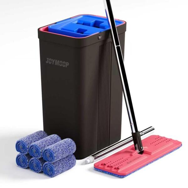 JOYMOOP モップとバケツ 絞り器セット付き ハンズフリー フラットフロアモップとバケツ 洗えるマイクロファイバーパッド6枚付き 乾湿両用 フロアクリーニングシステム - ブラック+レッド+スレートブルー商品コード：5508094509...