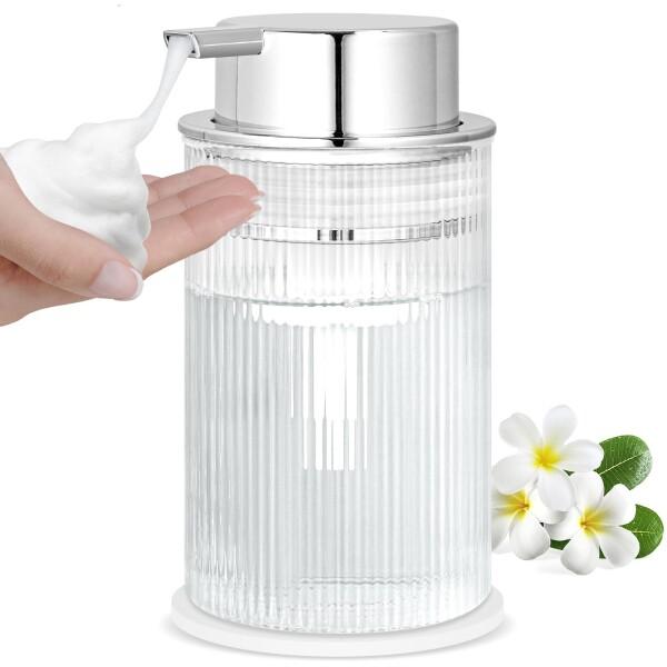 NiHome 泡ハンドソープディスペンサー 400ml リブガラス製 大容量 詰め替え簡単 家庭用 業務用対応 透明 泡ソープボトル バスルーム キッチン用 大型ポンプ付き 滑り止めマット付き（シルバー）商品コード：55080987236型...