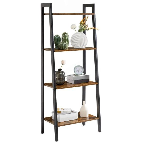 小型本棚 4段 スモールシェルフ 43cm 狭い棚 タブレット 棚ユニット バスルームコーナーシェルフ ディスプレイキャビネット ブラックメタルフレーム付き 寝室 リビングルーム用 - 素朴なブラウン商品コード：55081093533型番：...