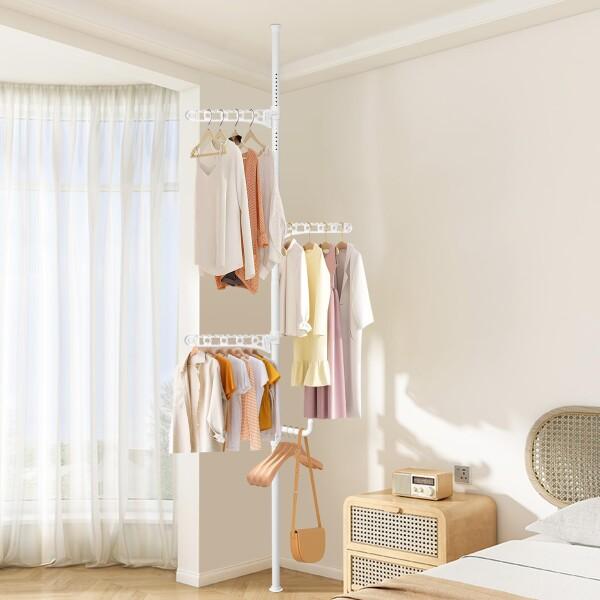 YUYUTORI室内干し 突っ張り棒 ポールハンガーラック (高さ110-310cm) 室内物干し ワンタッチ突っ張り 伸縮自由 全体耐荷重30kg 洗濯物干し 物干し竿 タオルハンガー 省スペース 折りたたみ式翼3個・フック1個付き ホワ...