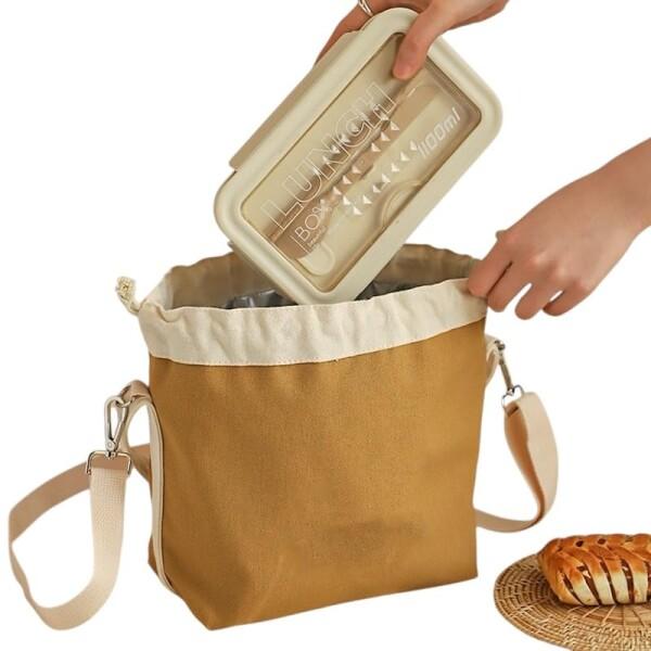 斜めがけ抽繩保温弁当袋 ピクニック用キャンバス保温弁当バッグ 学生用携帯多機能手提げ袋 ビジネス向け弁当バッグ商品コード：55081194573型番：0610サイズ：大型カラー：カーキサイズ:約23×21.5cm対象:学生・会社員・アウトド...