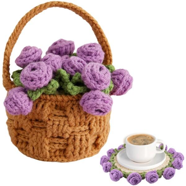 HICOHAND かぎ針編みブーケバスケット, 手編みフラワーブーケコースター＆コーヒーカップ用バスケットオーナメント1セット, テーブル, デスクデコレーション, 車内吊り下げ装飾商品コード：55081196519型番：S7-HIC046...