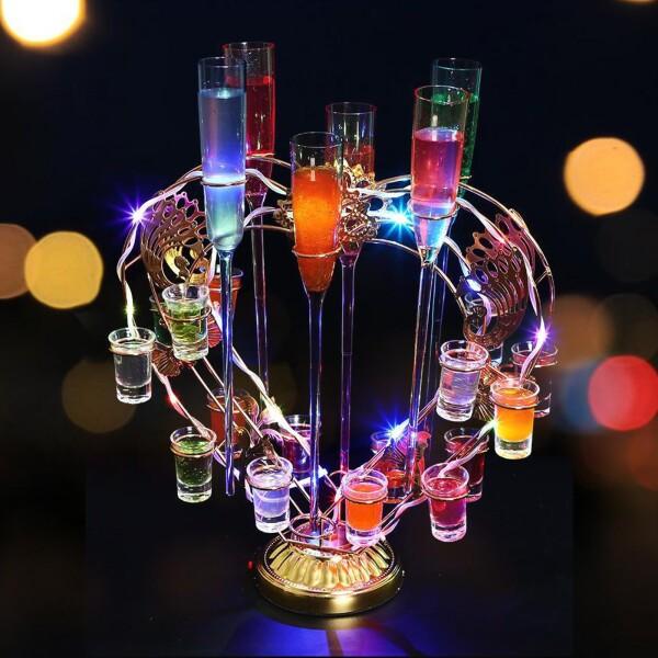 QuiExact 観覧車 12カップ LEDカップの表示棚 シャンパンタワー 観覧車 LEDグラス収納ラック パーティの装飾品 祝い 忘年会 飲み会 新年会 クラブ カラオケ ナイト パーティに最適 クリスマス カラフル 雰囲気作り おしゃ...