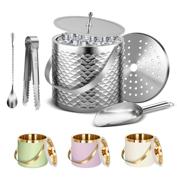 TOSELBAI アイスペール  二重壁真空断熱 厚手304ステンレス鋼 シリコン密封リング付きアイスバケット 豪華ギフトセット (銀鱗色, 3L)商品コード：55081197657型番：Ice-BucketJP-Longサイズ：3Lカラー...