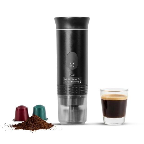 ポータブル電動エスプレッソマシン, USB-C充電式, コンパクト, 車載可能, ワンタッチ操作, 自己発熱式, アイス・ホット両対応, カプセル式, キャンプ・オフィス・アウトドア用, ブラック (黒い)商品コード：55081198601...