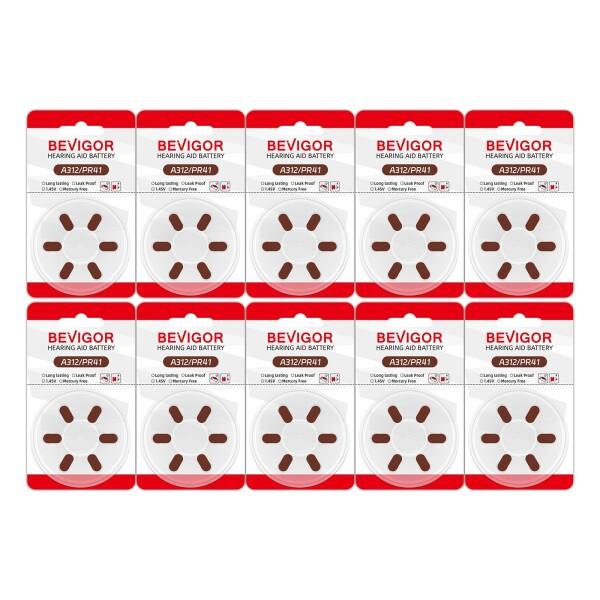 BEVIGOR 補聴器用電池 サイズ312 水銀不使用 (60個入り)、開封・持ち運びが簡単、1.4V、補聴器用の長寿命電池商品コード：55081199807型番：312サイズ：60粒カラー：茶色（ちゃいろ）信頼性の高い性能:水銀不使用の高...