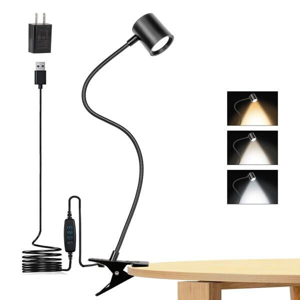 Clip on Light Reading Light, 3 Color Modes Clamp Desk Lamp, CRI 90+ Eye Protection Clip on Desk Light with 3000-6500K US...