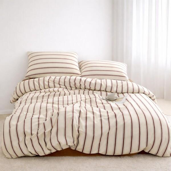 KROCA 布団カバー シングル 4点セット ストライプ 掛け布団カバー ボックスシーツ 枕カバー 吸湿速乾 しわになりにくい 北欧 おしゃれ ベッドシーツセット (ブラウン, セミダブル)商品コード：55081203840型番：CS075...