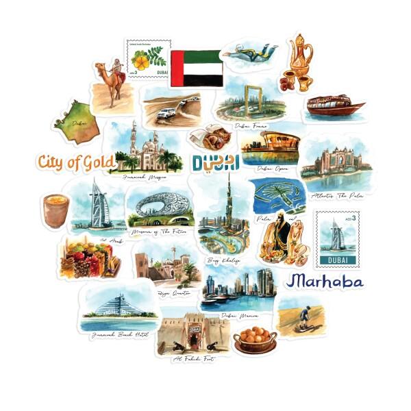 Navy Peony Futuristic Dubai Travel Stickers (30pcs) - Watercolor, Waterproof, Emirati-Themed Vacation Decals for Journal...