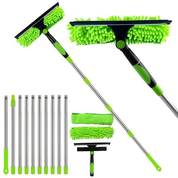 外壁掃除ブラシ 高所 窓掃除 2 in 1 ワイパー 伸縮柄 全長4.54メートル 180°回転可能 多目的 軽量 取り外しが簡単 高所 ガラスワイパー 窓 天井 鏡 壁など掃除用 グリーン マイクロファイバー付き（グリーン）商品コード：5...