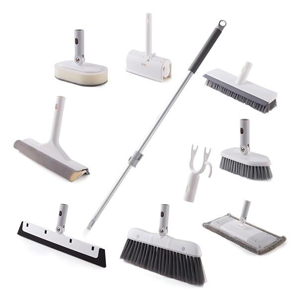 デッキブラシ 9in1 1本のポールに9つのヘッド伸縮式 3段ポール 高圧洗浄 丈夫な硬め毛 浴室 ベランダ 玄関 床掃除 壁掛け収納商品コード：55081207777【9in1多機能ヘッドで1本で全場所対応】:? デッキブラシ本体に双頭ブ...
