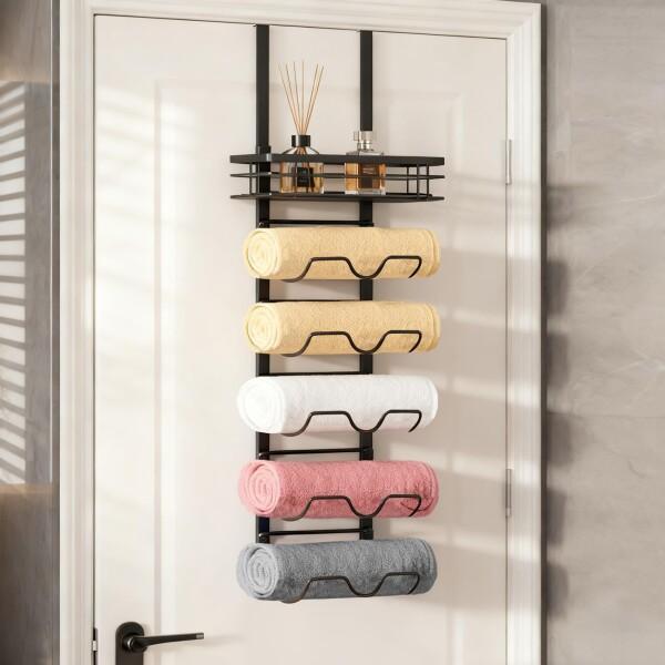 タオル掛け ハンギング バスルーム用 ノードリル 6段オーバーザドア バスタオル収納オーガナイザー 小さなバスルーム用 段違いドア裏タオルホルダーハンガー 巻きタオル用 ブラック商品コード：55081208867型番：ShineNestサイ...