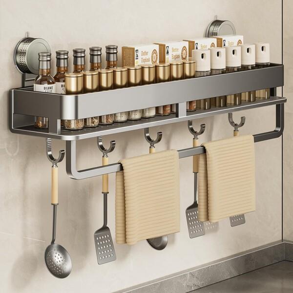 PureKone 調味料ラック 吸盤式 調味料入れ 壁掛け スパイスラック キッチン収納ラック 5個移動式フック ふきんかけ 防水防錆 穴あけ不要 キッチン/風呂場/洗面所 コンパクト収納 台所収納 (グレー, 40cm)商品コード：550...