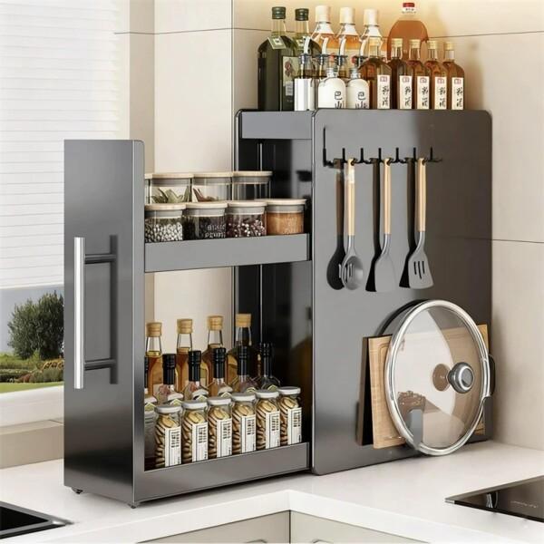 隠せる調味料ラック 2段 台所用 スパイスラック 引き出し式 コンロ横 キッチンラック 隙間収納 大容量 キッチン収納ラック 調味料 スパイス ボトル 収納 コンロ下 シンク横にも (銃の灰, 35*11.5*46cm)商品コード：5508...