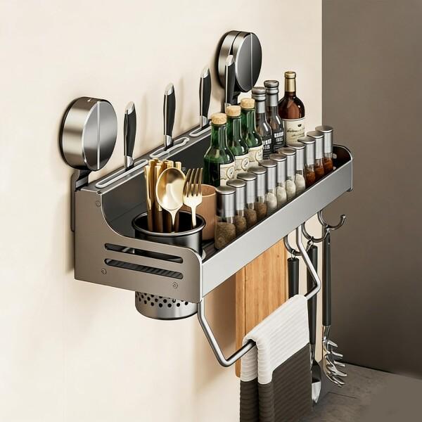 Aikenn 調味料ラック 吸盤 強力 壁掛け 壁美人 台所 収納 調理器具 収納 金属 アルミニウム 防水防錆 40cm 6個フック 調味料入れ 調味料置き 浮かせる収納 ふきん掛け キッチンペーパーホルダー付き 布巾ハンガー 浴室用ラッ...