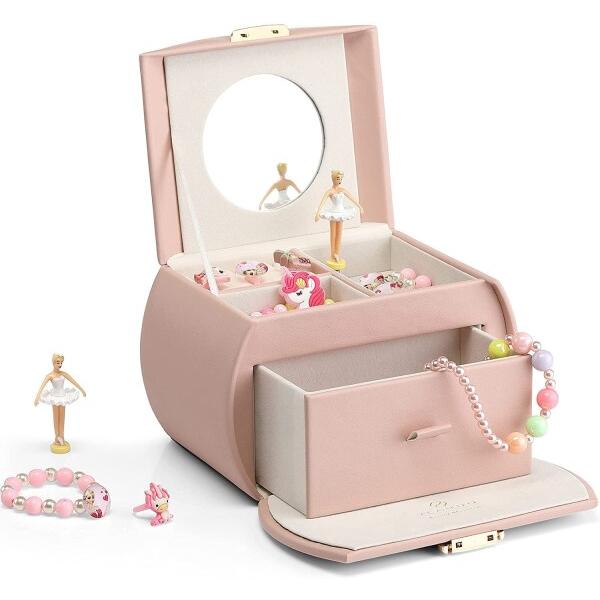 Vlando 半円形 ジュエリーボックス オルゴール 子供 キッズ ジュエリー収納ボックス レザー ブレスレット ネックレス リング 収納 オーガナイザー 娘への最高の誕生日 プレゼント 三歳以上 ピンク商品コード：55081245502サ...