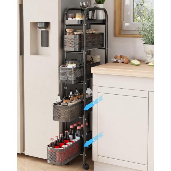 Ornestia キッチンワゴン 隙間収納 スリム多段収納カート 360度キャスター付き 引き出し式 移動式 収納ワゴン 省スペース調味料ラック/洗面所/冷蔵庫横/台所 （幅20cm 5段ブラック）商品コード：55081264281型番：R...