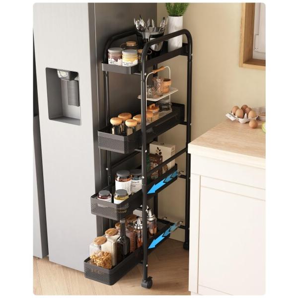 Ornestia キッチンワゴン 隙間収納 スリム多段収納カート 360度キャスター付き 引き出し式 移動式 収納ワゴン 省スペース調味料ラック/洗面所/冷蔵庫横/台所 （幅20cm 4段ブラック）商品コード：55081264282型番：R...