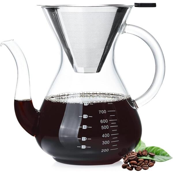 ポカロティー コーヒーサーバー 耐熱ガラス コーヒーピッチャー 1000ml おしゃれ ドリップ珈琲サーバー ??? ステンレスメッシュ二重構造フィルター 繰り返し使用可能 紙フィルター不要 耐熱ポット ハンドドリップコーヒーサーバー 割れ...