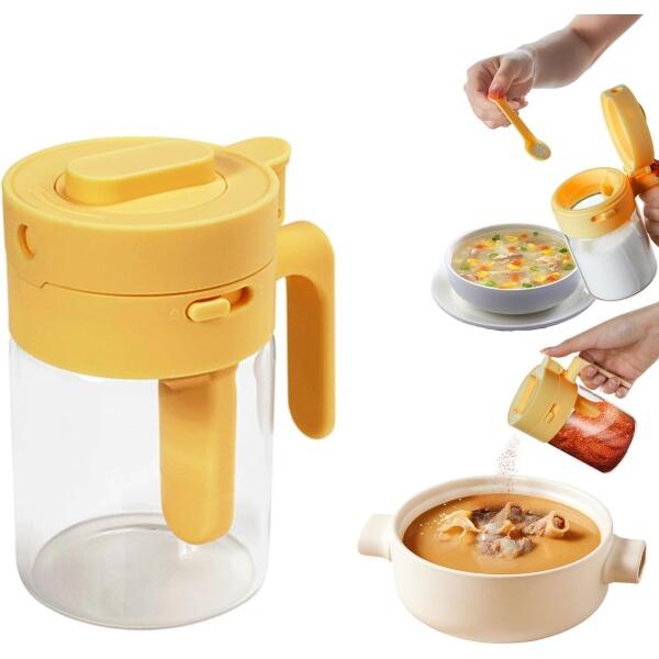 調味料ポット スン付き 塩 砂糖入れ 調味缶 ボトル 粉ふり機能 耐熱ガラス 透明 湿気防止 調味缶 家庭用 調味料ボトル 調味料保存容器 便利 調理用 付き 洗いやすい 多機能キッチン用品 小物入れ (4色) (1, イエロー, 1)商品...
