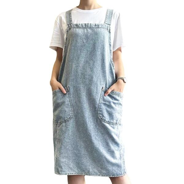 (PRODIGY-ONE) エプロン レディース おしゃれ シンプル 女性用 男性用 かぶるだけ 撥水 防水 人気 カフェエプロン スタッフエプロン デニム生地 保育士 レストラン 美容師 お食事 エステ 男女兼用 着脱簡単 (ライトブルー...