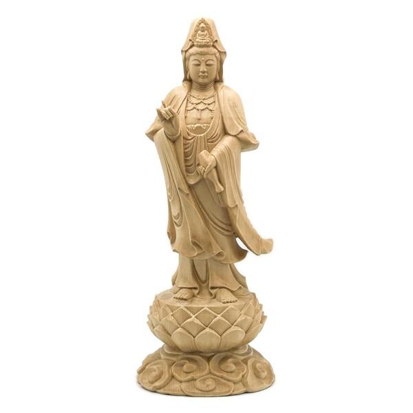 HU貿易 仏像 観音菩薩・勢至菩薩 立像 (総高23cm、幅：12.5cm、奥行き：11.5cm) 置物 阿弥陀三尊 お守り本尊 インテリア仏像 桧木製 木彫り 仏壇 一本彫り (観音菩薩) b0202商品コード：55081338242型番...