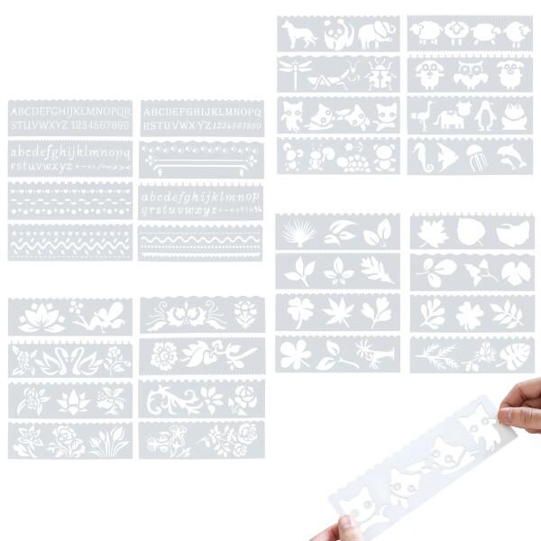 ステンシルシート ステンシルプレート アルファベット 32枚セット 多用途ステンシルプレート 数字文字 動物 花 葉 多種類モチーフ 大容量 手帳やジャーナル用 DIY 塗装 絵画 製図 描画ツール (文字・動物・花・葉セット)商品コード：...