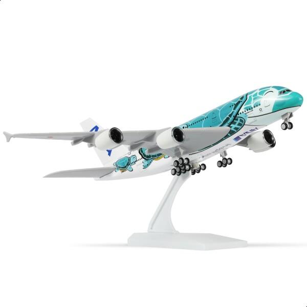 QIYUMOKE 1/240 航空模型 スタンド付き ANAグリーンタートル A380 航空機モデル (全長30cm) エアバスA380 レジン製 航空模型 大人向け航空記念品 ギフト 自宅・オフィス用デスクトップ装飾商品コード：55081...
