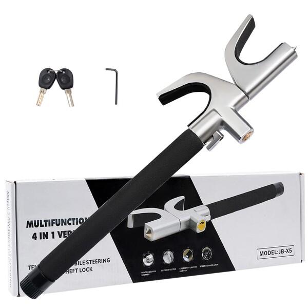 KNFRXO 4-in-1 Steering Wheel Lock with Flashlight/SOS LED Ligth,Seat Belt Cutter,Escape Hammer,2 Keys Retractable Steeri...