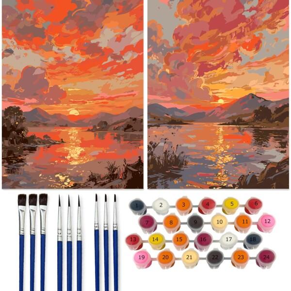 ペイントバイナンバー 2枚セット 数字油絵 キャンバス DIY絵画キット 大人の塗り絵 初心者向け 癒しの風景アート インテリア 壁掛け用 アクリル絵具付き 40×30cm商品コード：55081422194型番：MACI-YH2Sサイズ：夕...