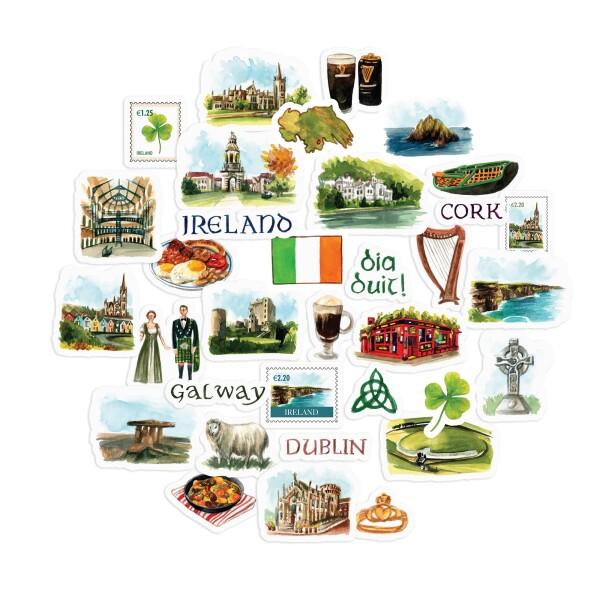 Navy Peony Emerald Ireland Travel Stickers (34pcs) - Watercolor, Waterproof, Irish Themed Vacation Decals for Journals, ...