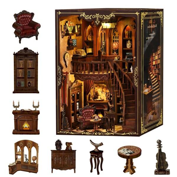 Pixie Curio ブックヌック キット ドールハウス ミニチュアキット DIY 3D木製立体パズル LED内蔵 ブックエンド カラー説明書付き 14歳以上向け 本棚 読書空間 装飾、古典好き コレクション、クリスマスプレゼント 文学愛...