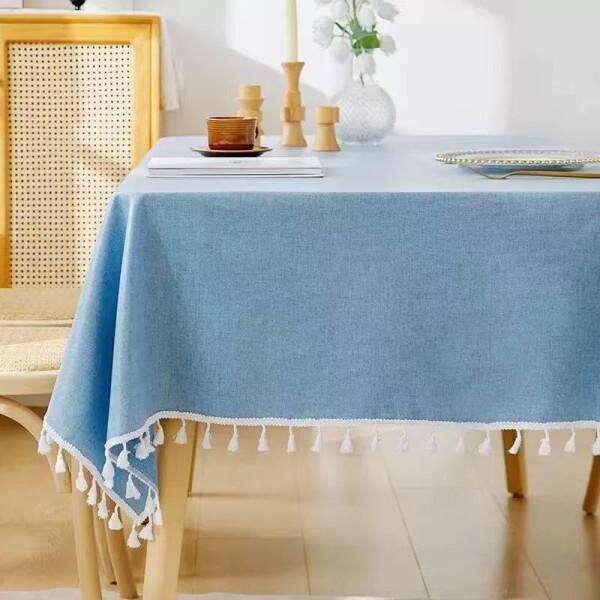 UmiHomeモダンミニマル リネン混紡 フリンジ飾りtablecloth高級 おしゃれ テーブルカバー 撥水 加工 PVC 防水・防汚・防油 長方形テーブルクロス120X170みずいろ商品コード：55081437855型番：2025-12...