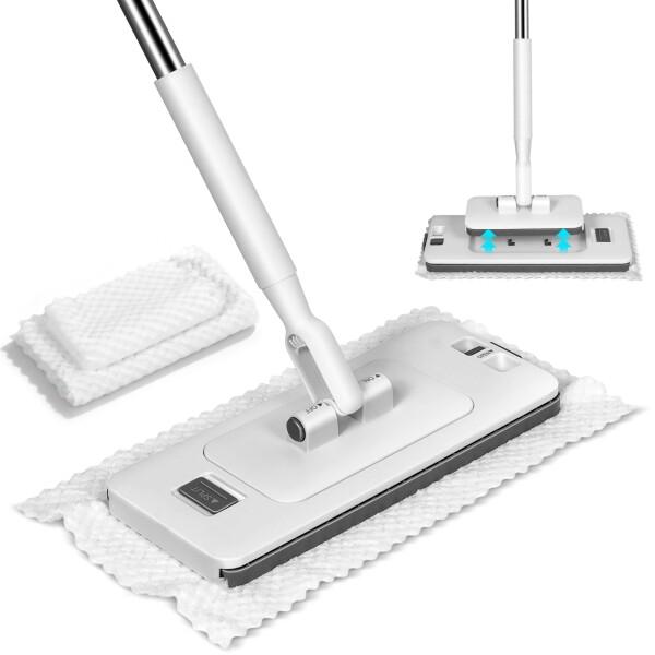 ZNM フロアモップ ワンタッチモップ 360°回転 幅さ28cm+16cmヘッド 自動で雑巾を挟む 手洗い不要 乾湿両用モップ 床拭き掃除 フローリングワイパー 乾拭き水拭き ベランダ 玄関 床掃除用 2枚のクロス付き商品コード：5508...