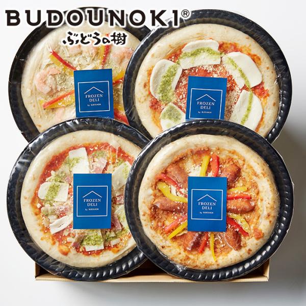 <商品説明>名称:ぶどうの樹　自家製バラエティピザ4枚セット商品の特徴 ：人気のピザ4種がセットになった食べ応え抜群の一品です。原材料名:パッケージに記載内容量:マルゲリータピザ×1枚/ジェノベーゼピザ×1枚/エビのバジルクリー...