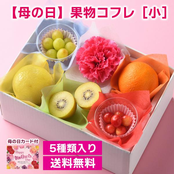 <商品説明>商品名:【母の日】果物コフレ［小］商品の特徴:さくらんぼ・オレンジ・キウイ・ぶどう・日向夏などの季節の柑橘…、5種類の果物を宝石箱に見立てて詰合せました。カーネーションのお花（造花）を添えた、母の日ギフトです。内容量...